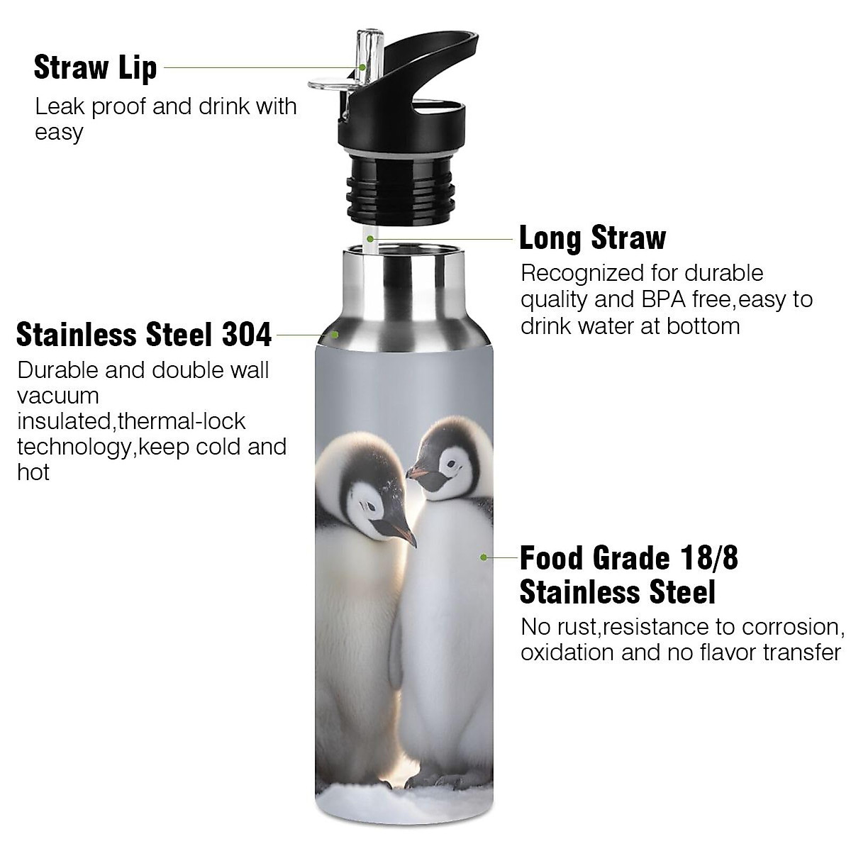 STAYTOP Stainless Steel Vacuum Insulated Portable Insulation Cup, Leak-Proof Sports Bottle Coffee Travel Mug with Straw, Suitable for Students and Kids, Men, Women-Cute Penguin