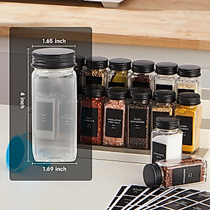 Skiileor 48 Pcs Spice Jars with Label- Glass Spice Jars with Black Metal Caps,Shaker Lids, Funnel, Chalk Pen, Brush,Cleaning Cloth 4oz Seasoning Containers Bottles for Spice Rack, Cabinet, Drawer