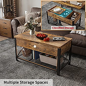 Lwdhw Olin 40" Lift Top Coffee Table, 3 in 1 Multi-Function Coffee Table with Hidden Compartment and Storage,Coffee Table for Dining Reception Room, Rustic Brown