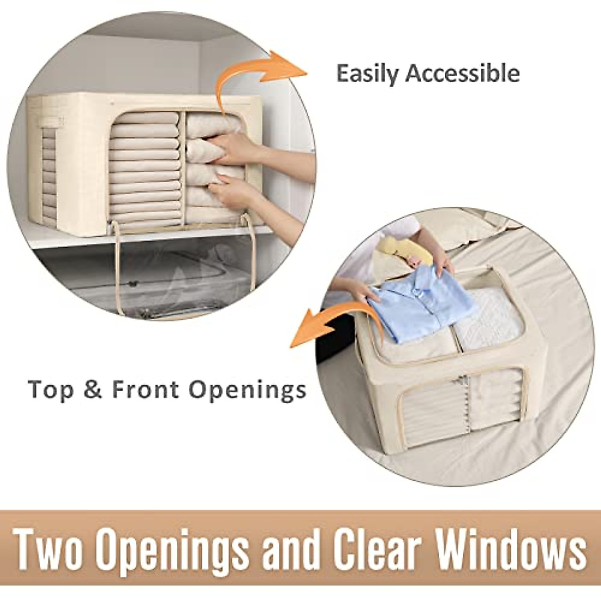 2Pack Storage Bins with Divided Interior - Frame Storage Box Oxford Fabric Clothes Storage Bags Large Capacity Stackable Foldable Container Organizer Set with Clear Window (Large-66L, Beige)