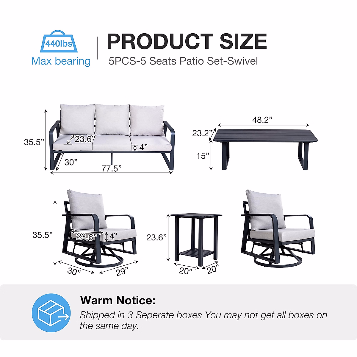 SUGOLD Outdoor Aluminum Patio Furniture Set 5 Piece, Swivel Rocking Chairs, All Weather Outdoor Aluminum Sofa, Patio Bistro Set for Patio, Porch, Deck(Silver Gray)