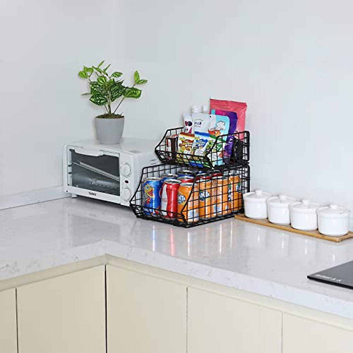 LUMAMU 2-Tier Stackable Wire Baskets for Storage Pantry, Hanging Wall Basket with Removable Dividers Countertop Basket Organizer for Snack Fruit Veggies Canned Food, Black