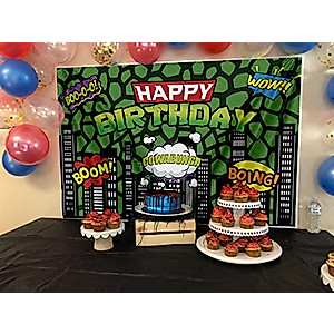 BINQOO 7×5ft Cartoon Birthday Backdrop Green American Comics Cityscape Buildings Photography Background Tortoise Boy Newborn Baby Shower Kids Decoration Birthday Party Photo Booth Prop