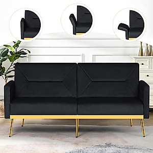 Lesofair Velvet Sofa Bed with Adjustable Backrest, Tufted Futon with Adjustable Armrests, Convertible Sleeper Couch w/Golden Legs for Living Room, Bedroom, Waiting Room, Black