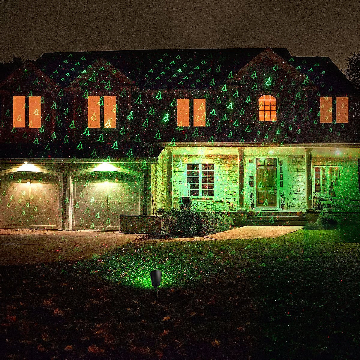 1 BY ONE OUS00-0817 Laser Green Christmas Tree and Red Stars Show, Projection Lights for Xmas, Holiday, Party, and Garden Decoration