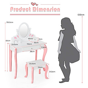 Olakids Kids Vanity Set, 2 in 1 Wooden Princess Makeup Table and Chair Set with 360° Rotating Mirror Detachable Top Storage Drawer, Girls Pretend Beauty Dressing Play Toy Gift (White)