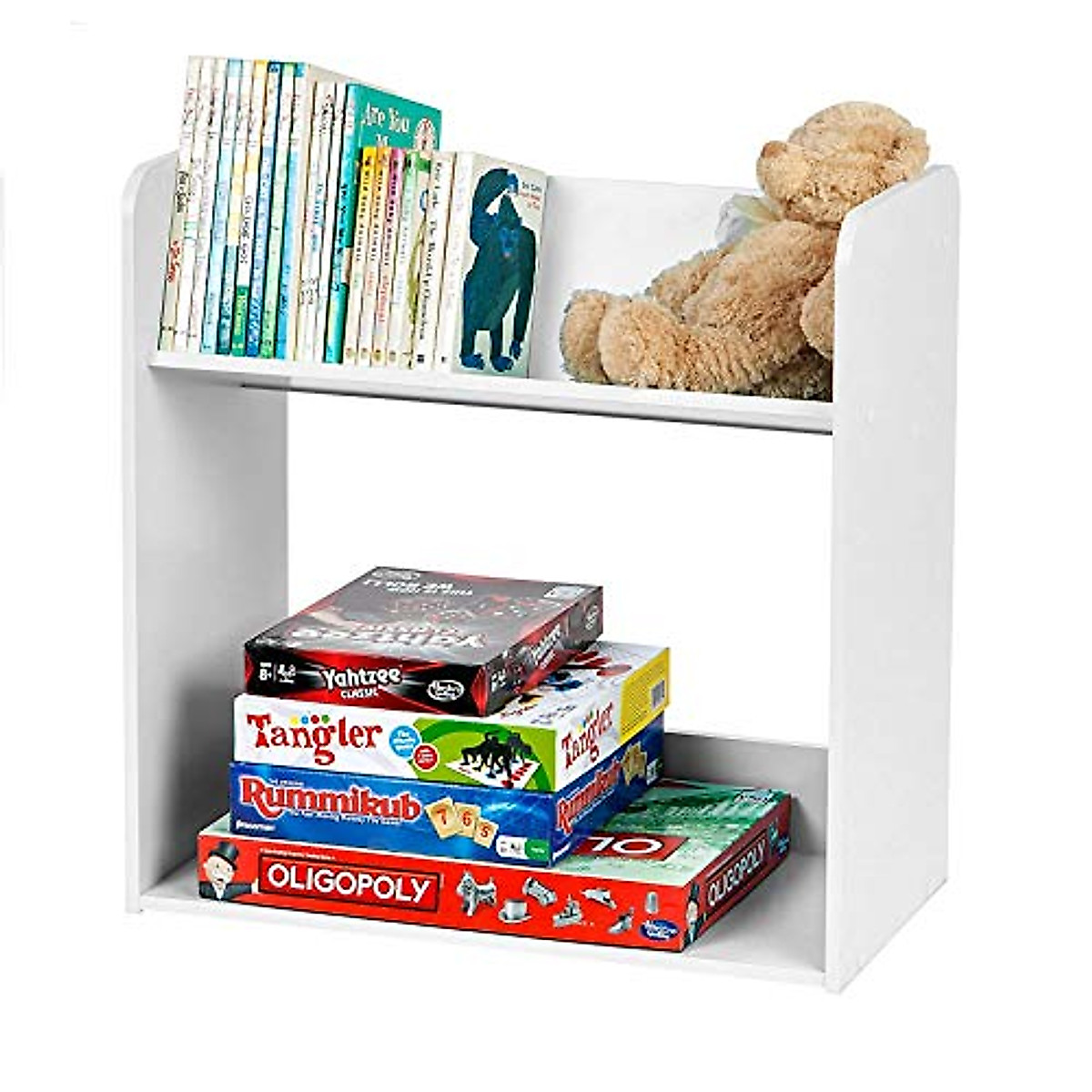 IRIS USA 2-Shelf Angled Bookshelf for Children, Short Inward Slant Bookcase Furniture for Kids Room Playroom Nursery to Safely Store and Organize Books Games Toys and Small Items, White