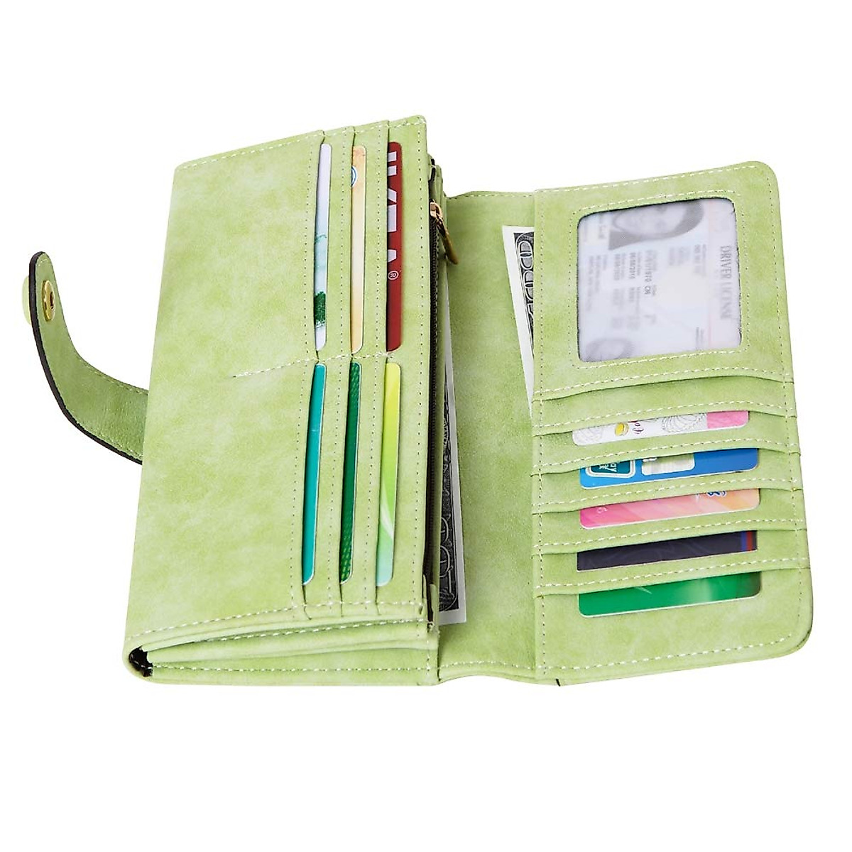 Cynure Women's Vegan Leather 17 Card Slots Card Holder Long Big Bifold Wallet,Light Green