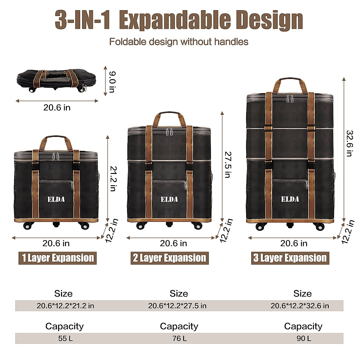 ELDA Expandable Foldable Luggage Suitcase Large Capacity Duffel Bag with Wheels Lightweight Collapsible Rolling Travel Suitcases for Men Women