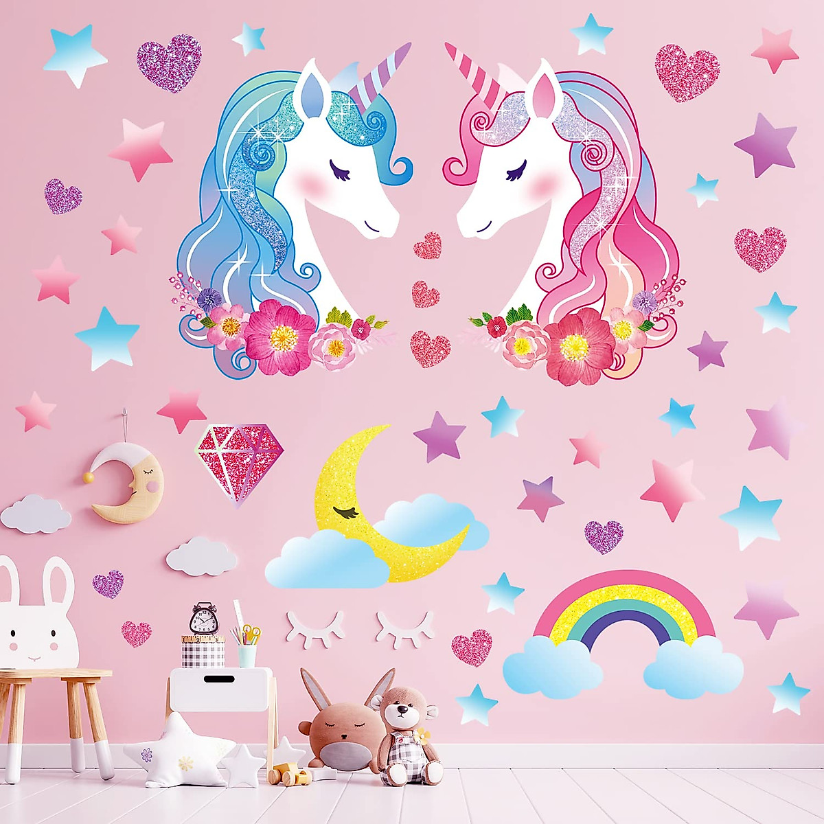 DECOWALL DS8-8068 Unicorn Wall Stickers Decals Kids Bedroom décor Girls Room Pink Furniture for Toddler Decorations Princess Poster Art Baby Nursery
