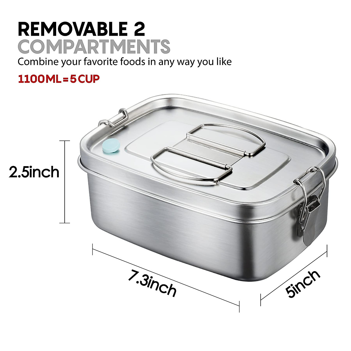 SUBRON Stainless Steel Bento Box with Removable Divider, 1100ML 2 Compartment Metal Lunch Box 100% Leak Proof Food Containers with Secure Locks, Fits in Lunch Bag & Backpack