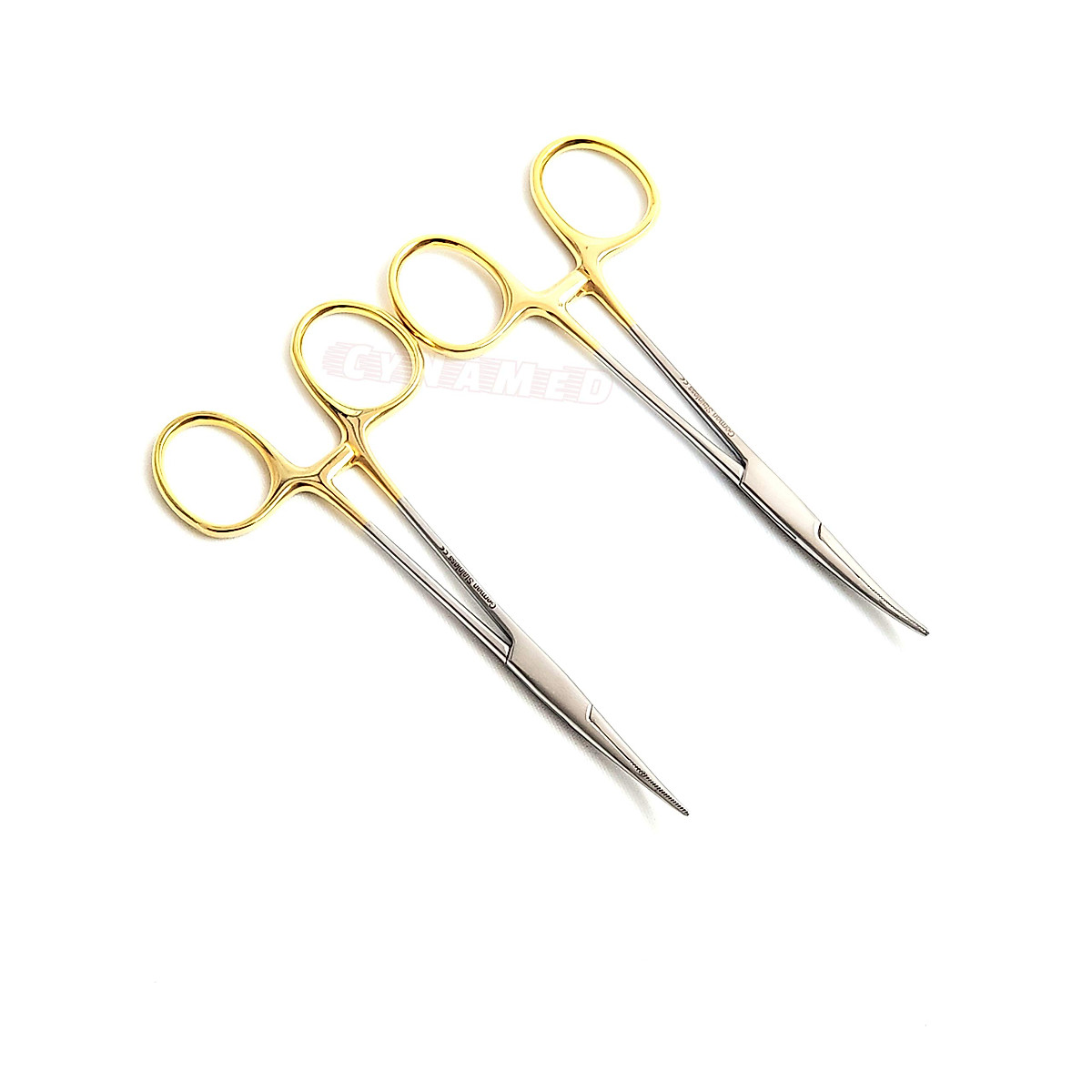 Premium German Stainless- Set of 2 PCS Gold Handle Mosquito Locking HEMOSTAT Forceps Straight + Curved 5"-Cynamed