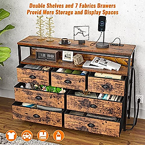 Dresser TV Stand with Power Outlets, Console Sofa Table with 7 Fabric Drawers and Shelves, Nightstand Set 2 with 2 Fabric Drawers, End Table with Open Wood Shelf, Side Table for Bedroom, Living Room