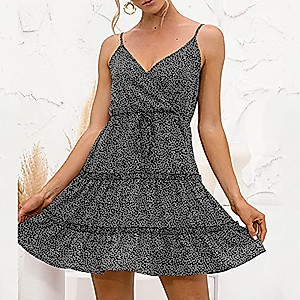 V-Neck Ruffled Dexy Suspender Floral Women's Summer Mini Dress Dress Women's Dress (Black, L)