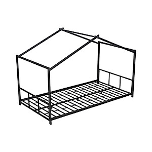 PVWIIK Twin Size Montessori Toddler Floor Bed with Headboards and Footboards, Metal House-Shaped Bed Frame with Soundproof Strip for Girls and Boys, Kids Playroom, No Box Spring Needed (Black)