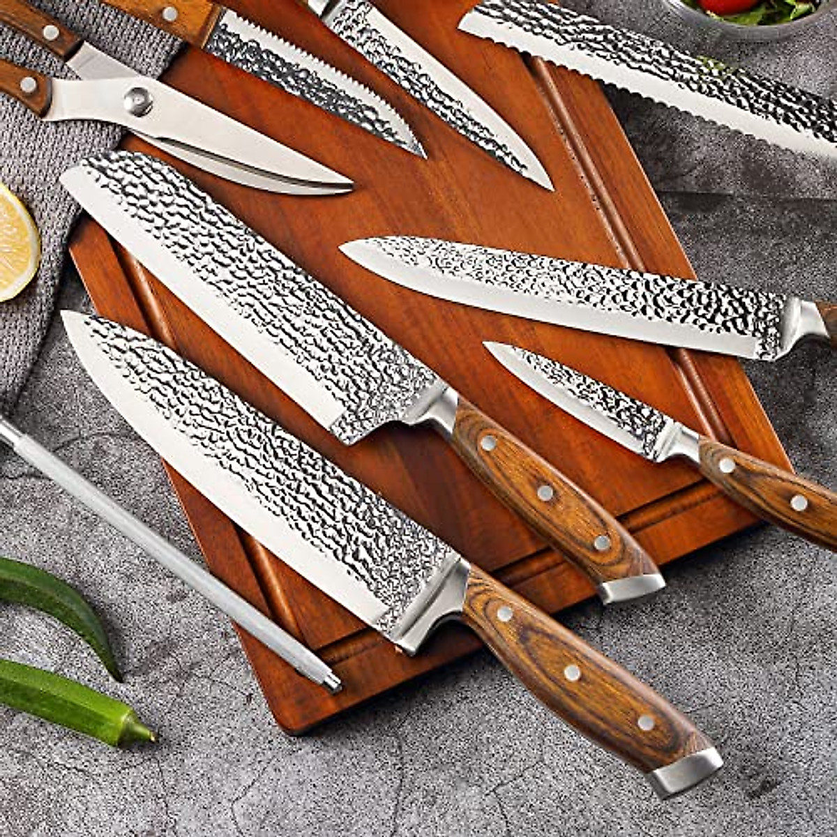 Knife Set, Karcu 15-Piece Hammer Kitchen Knife Block Sets with Sharpener German Steel, Rotating Acacia Block