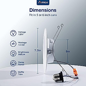 Amico 24 Pack 5/6 inch 5CCT LED Recessed Lighting, Dimmable, 12.5W=100W, 950LM, 2700K/3000K/4000K/5000K/6000K Selectable, Retrofit Can Lights with Baffle Trim, IC & Damp Rated - ETL & FCC Certified