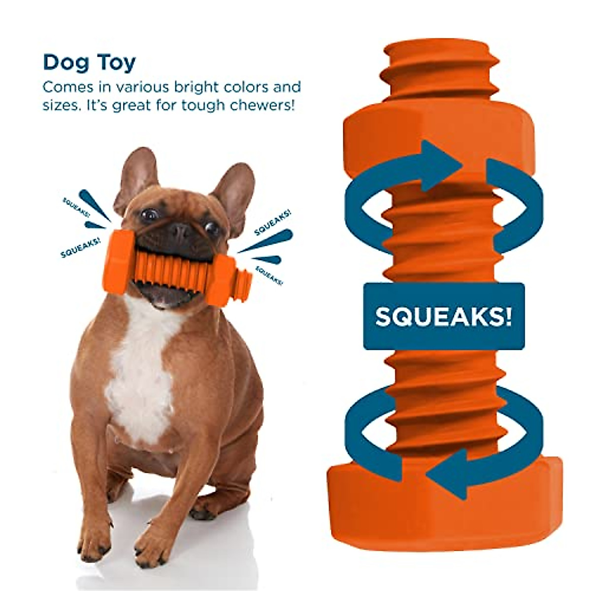BLACK+DECKER Squeaker Dog Chew Toy Durable Teeth-Cleaning,Tough Almost Indestructible for Small, Medium & Large Dogs, Interactive & Tough Non-Toxic Natural Rubber Chew Toys, 6.5" Rubber Bolt, Orange