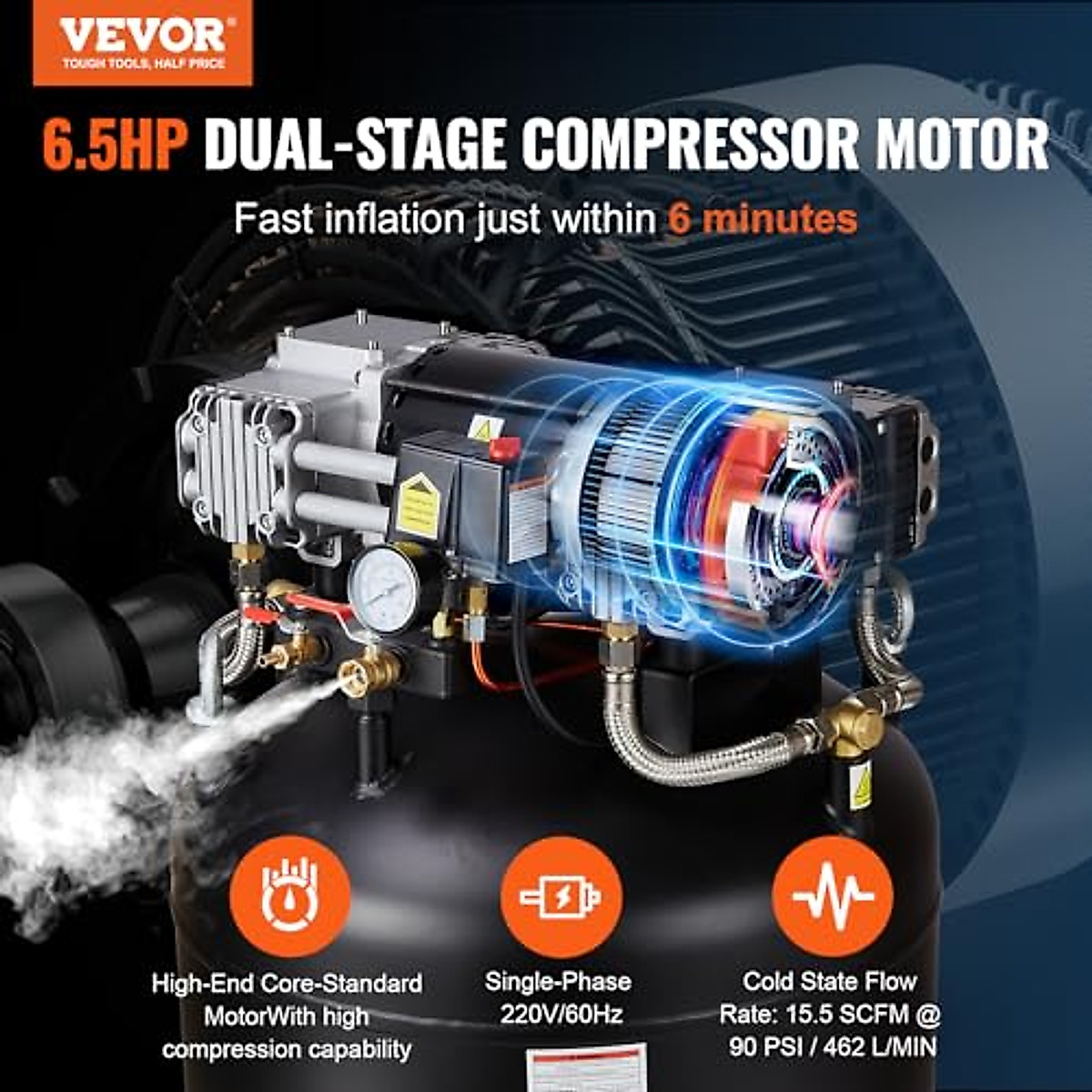 VEVOR 80 Gallon Air Compressor, 6.5HP 15.5SCFM@90 PSI, 2-Stage 145PSI Oil Free Stationary Compressor Tank, 86dB Quiet Compressor for Industrial Manufacturing, Workshops (220V/60Hz Single-Phase Power)