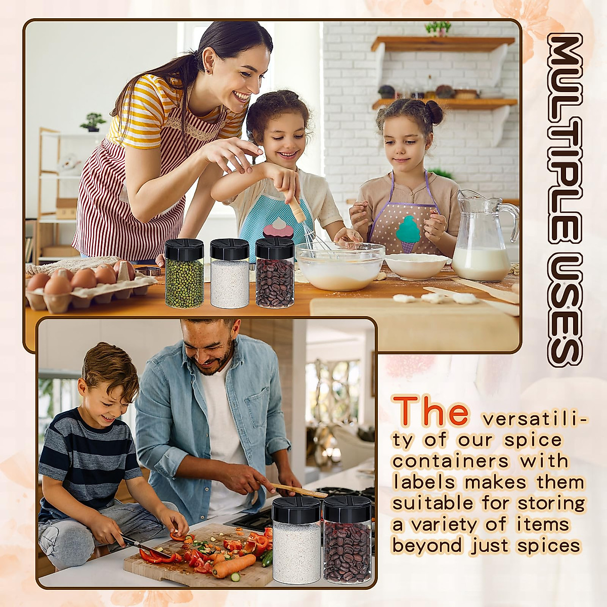 Uiifan 18 Pack 10 oz large plastic Spice Jars with Black Lids Clear and Safe Spice Bottles with Black PVC Labels Plastic Containers with Shaker Lids for Kitchen Storing Salt Herbs Seasoning Powders