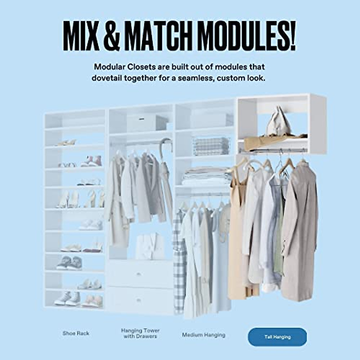 Modular Hanging Closet System - Corner Closet Organizer with Storage Shelves (White, 22.5 inches Wide)