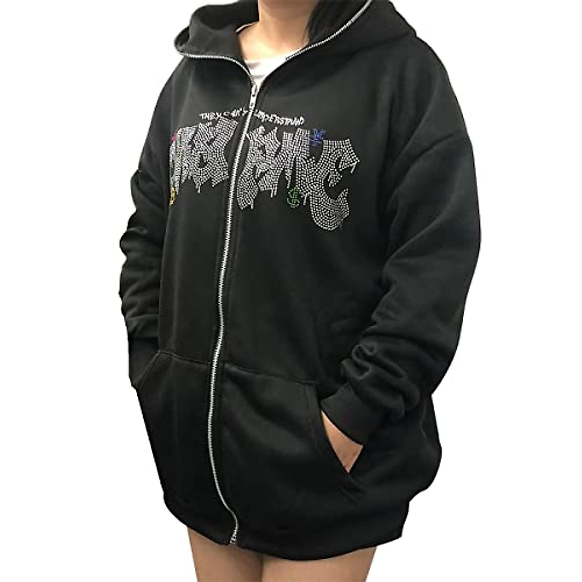Faretumiya Women Men Rhinestone Hoodie Y2k Graphic Zip Up Unisex Sweatshirt Sparekly Oversized Pullover Jacket Streetwear（black two，Large）