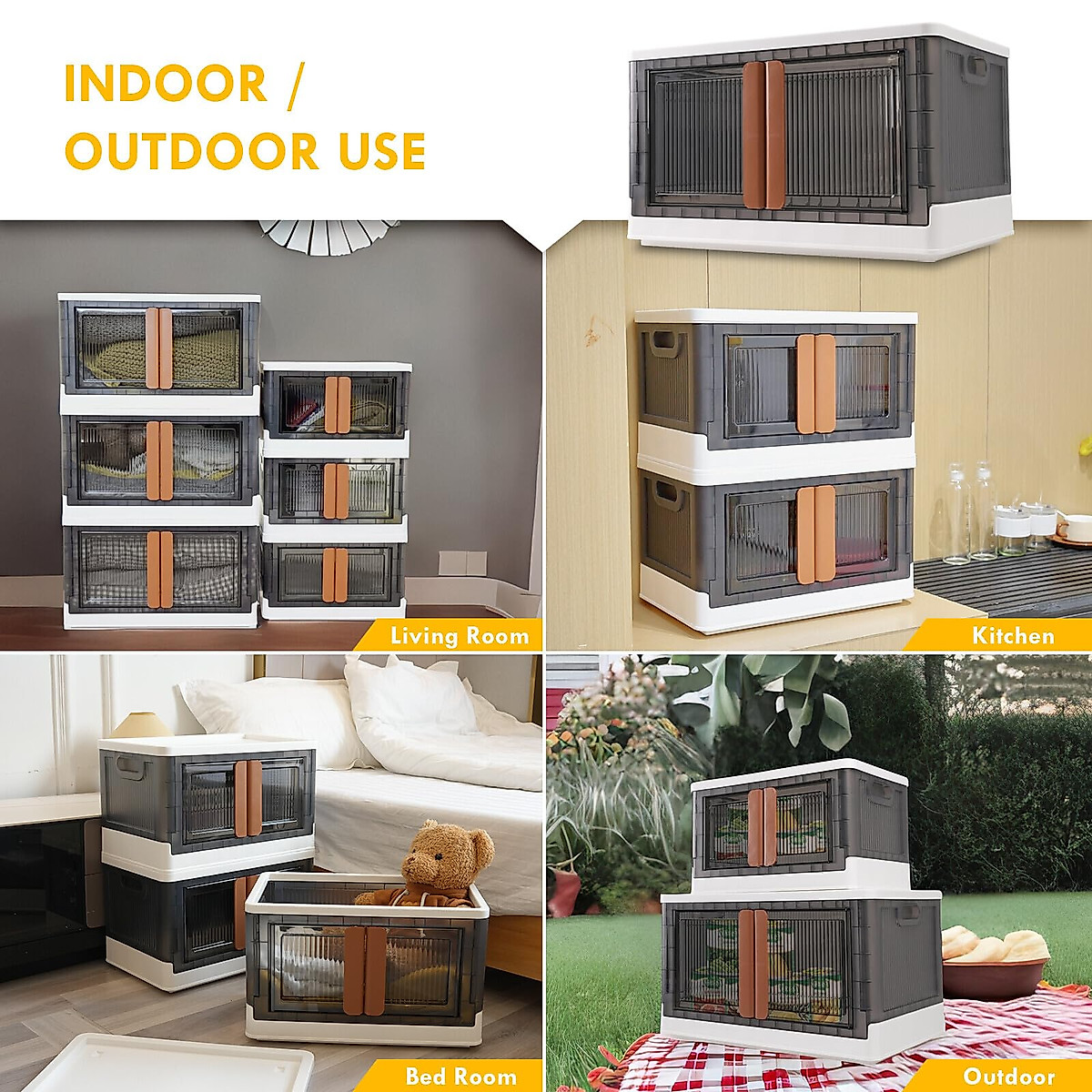 AJP Distributors 6 Pack of 19 GAL Stackable Storage Bins with Lids, Plastic Collapsible Totes, Folding Box Storage Containers, Stacking Wardrobe Closet Organizer For Home Office Clothing Books