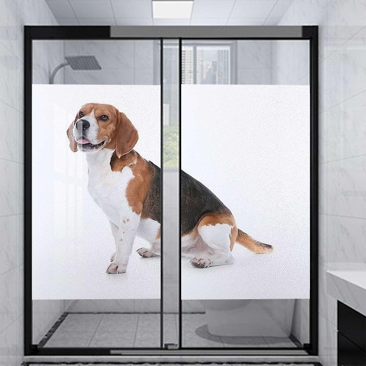 Cinnamon White Window Privacy Film Frosted Glass Window Film Stained Glass Window Film Window Cling Privacy Film UV Blocking Beagle Dog Posing Frosted Glass Film 27.6Wx47.2L-inch x2 Pcs