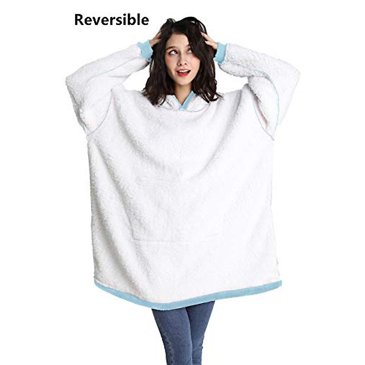 Cmtpuy Sweatshirt Blanket,Oversized Sherpa Hoodie,Fleece Blanket,Sherpa Pullover for Womens,Mens,Children,Wearable Blanket (Light Blue)