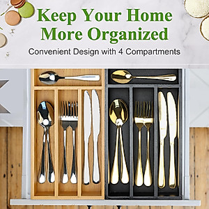 Ayiaren Black Wooden Utensil Tray Best Cutlery Kitchen Drawer Divider Organizer Flatware Tray Wood Cutlery Silverware Drawer Inserts Bamboo Spoon Utensils Storage Organizer
