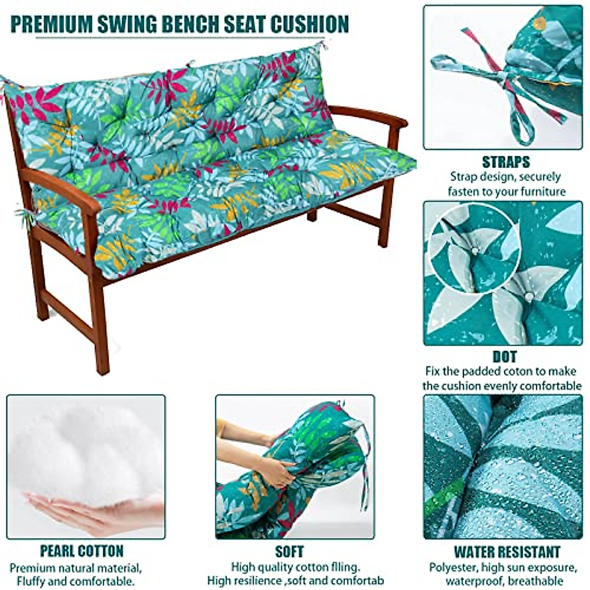 Zacammy Swing Replacement Seat Cushions, 2-3 Seater Bench Cushions for Outdoor Furnitur with Backrest, Garden Recliner Seat Cushions Waterproof Sofa Pads (Green Flowers 60x40in)