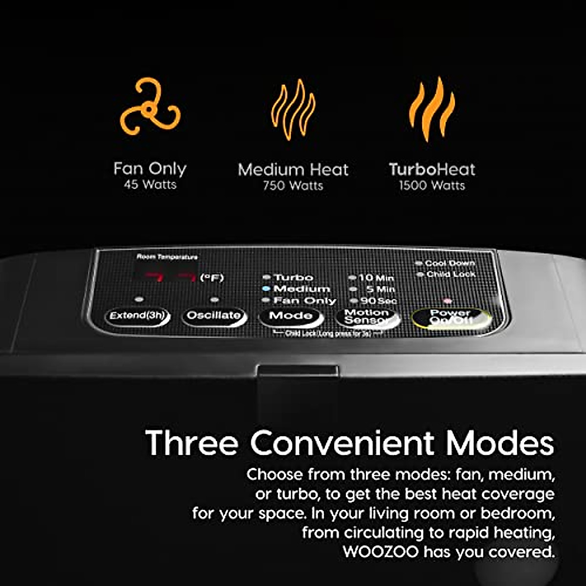 IRIS USA WOOZOO 1500-Watt Oscillating Portable Heater with Motion Sensor, Space Ceramic Fan for Desk, Fast Heating Indoor Room, Child Safe Personal Quiet Heater With Built-in Thermometer, Black