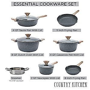 Country Kitchen Nonstick Induction Cookware Sets - 11 Piece Cast Aluminum Pots and Pans with BAKELITE Handles with Glass Lids - Grey