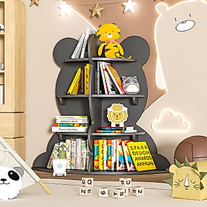 HedoAjim Kids Bookshelf Little Bear Toddler Book Rack 4-Tier Baby Child Bookcase Toy Organizer Book Storage Wood Display Stand Shelf for Nursery Playroom Bedroom Classroom Kindergarten