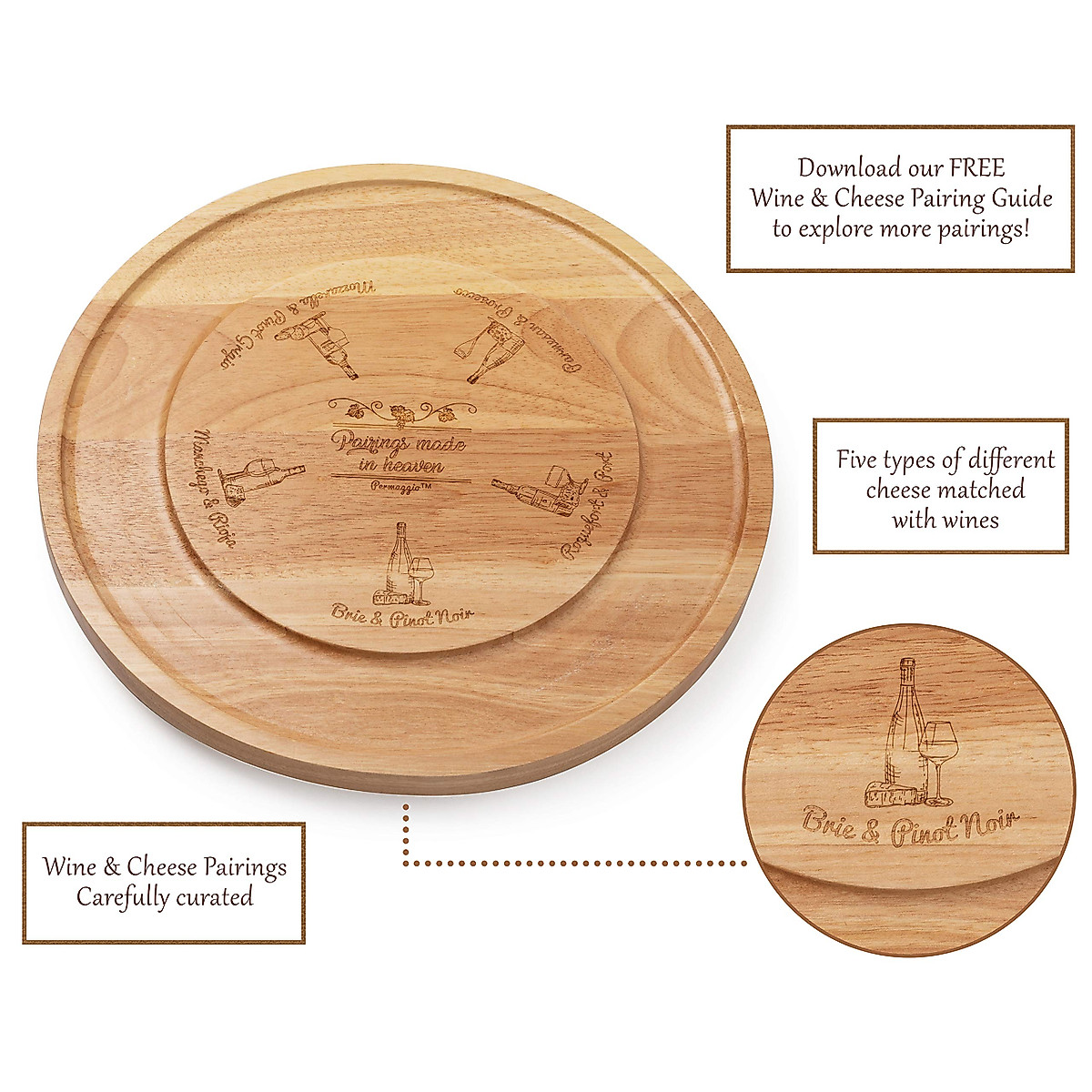 Permaggio Cheese Board and Knife Set, Wine and Cheese Serving Set, Lazy Susan Tray Charcuterie Platter 13.1", Natural Rubber Wood, Perfect Hostess Gift, Swivel Server Cheeseboard Gift Set