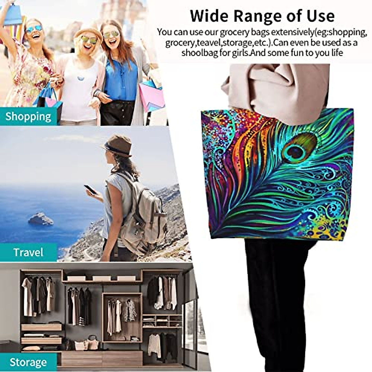 Qaxcdmky Peacock Feather Tote Bag Large Shoulder Bag Casual Reusable Handbag For Women Shopping Grocery Work