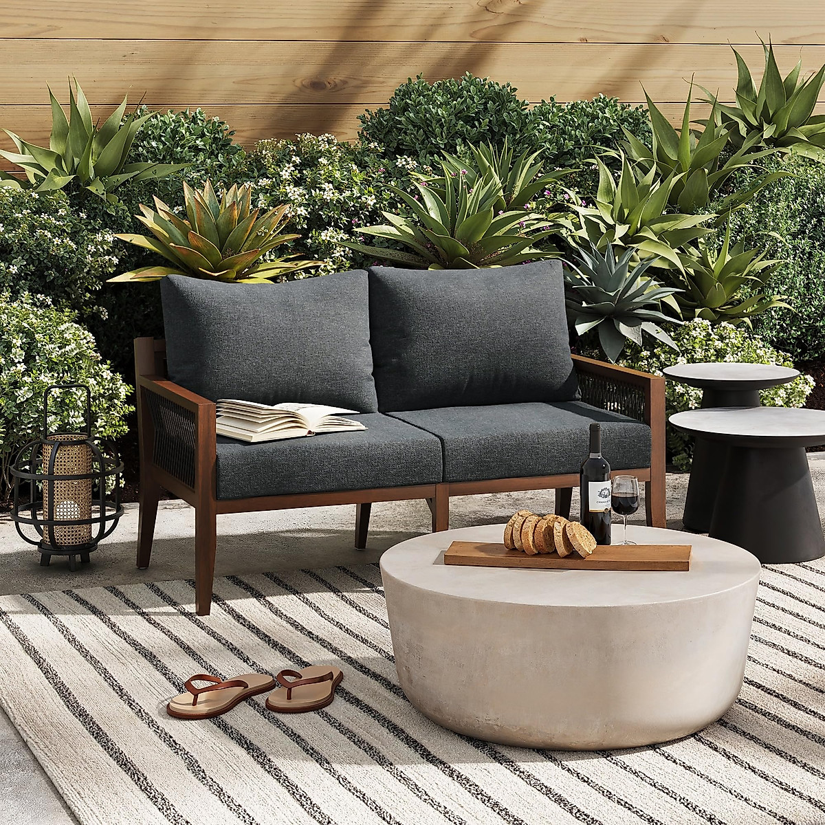 Nathan James Freya Bohemian Wood Loveseat, Upholstered Loveseat Sofa for Patio, Solid Acacia Wood Frame, Dark Acacia