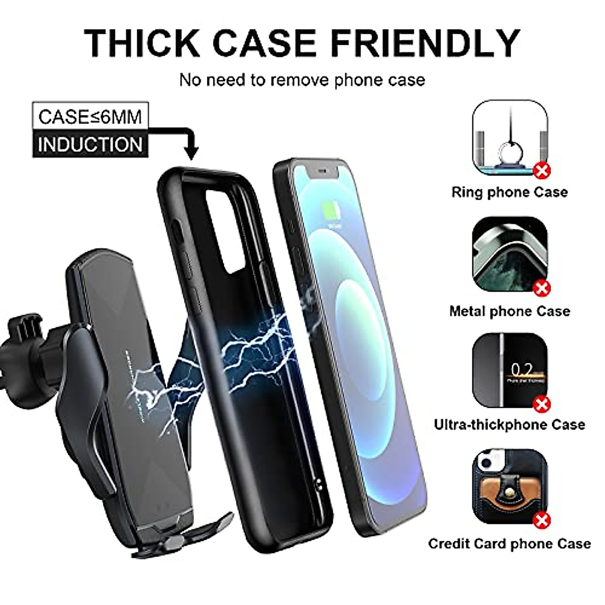 Wireless Car Charger Mount, 15W Qi Fast Charging Auto-Clamping Cell Phone Car Holder ​Air Vent Windshield Dashboard Long Arm Suction Cup Car Phone Mount for iPhone13 /12/11 Samsung S20/S10/S9/S8 LG