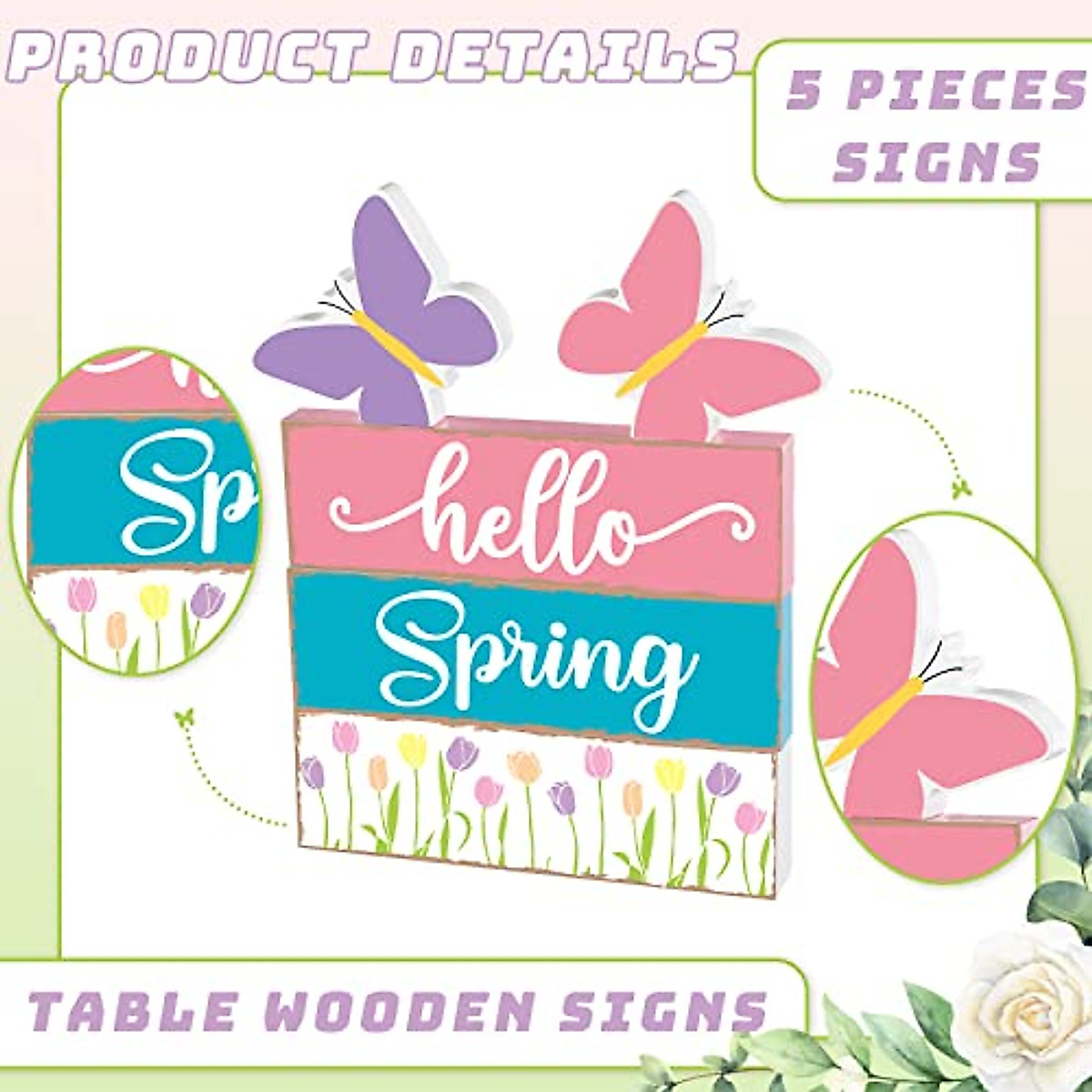 5 Pcs Hello Spring Tiered Tray Decorations Rustic Spring Table Decor Farmhouse Spring Decorations for Home Spring Wood Sign Hello Spring Table Centerpiece Standing Decor for Shelf Tabletop Fireplace