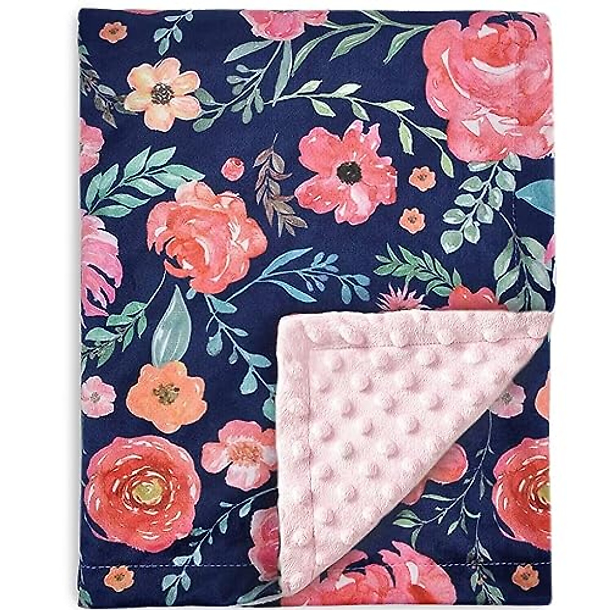 HOMRITAR Baby Blanket for Girls Super Soft Double Layer Minky with Dotted Backing, Elegant Receiving Blanket with Pink Floral Multicolor Printed Blanket 30 x 40 Inch(75x100cm), Navy Blue