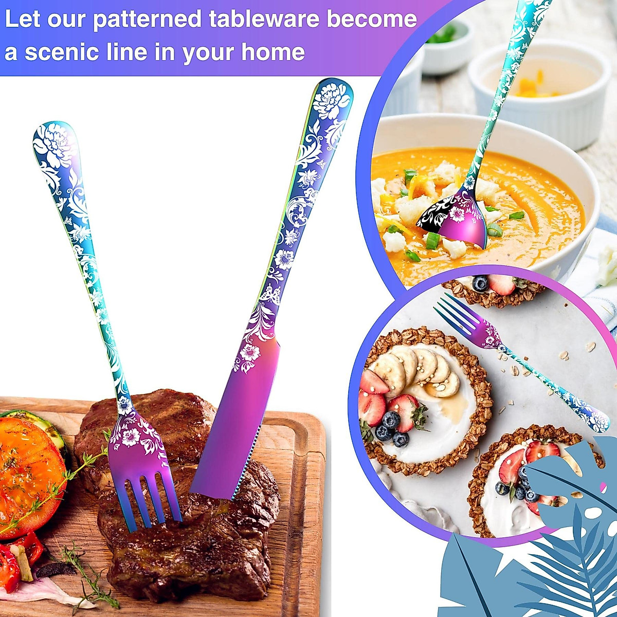 Vilihkc 20 piece Peony Flower Pattern Design Silverware Set, Stainless Steel Flatware Set Service for 4,Colorful Cutlery Set, Mirror Polished Utensil Set for Kitchen, Dishwasher Safe