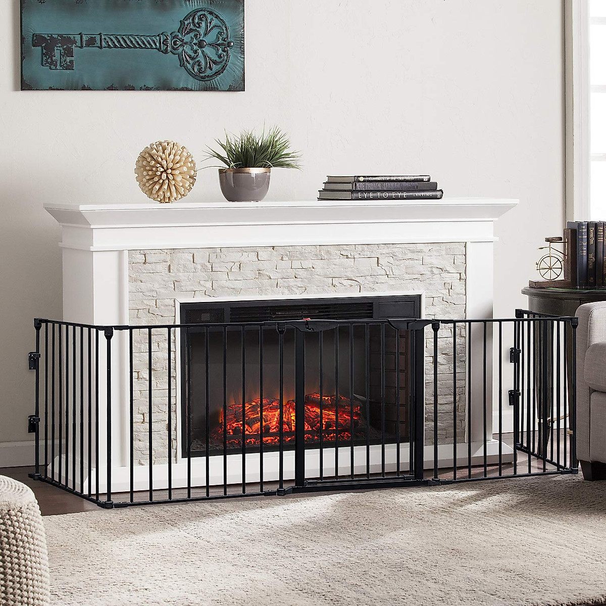 Bonnlo 119 Inch Extendable Dog Gate for Wide Doorways, Fireplace Gate Hearth Gate Indoor Extra Wide Gate, Wall Mounted Black