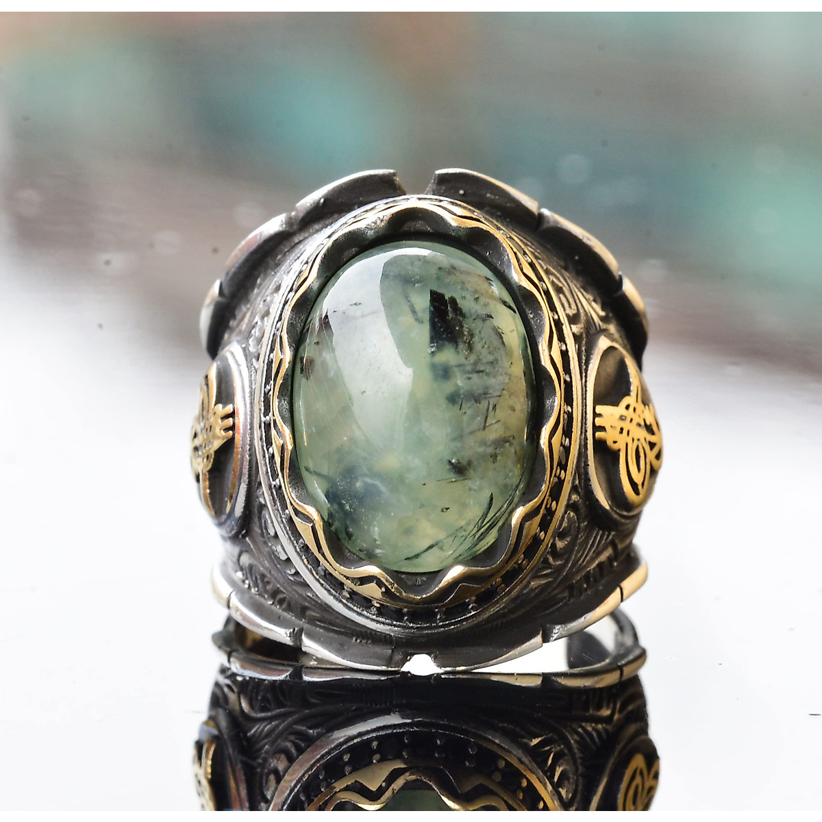 925 Sterling Silver Men's Ring with Natural Prehnite Stone, Handcrafted Unique Design, Green Gemstone Ring for Men