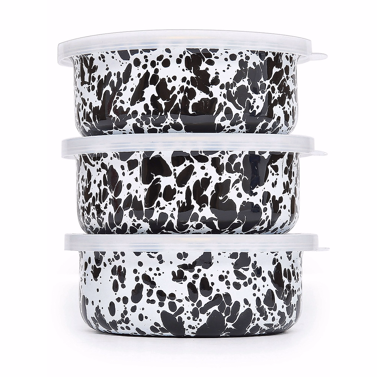 Enamelware - Set of 3 Storage Bowls w/Lids - Black Marble