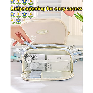 UIVXXUD Adorable Macaron-Colored Double-Layer Canvas Pencil Case Pencil Holder Pencil Bag Pouch with Spacious Opening & Capacity, Includes Pens & Magnetic Clip (Beige)