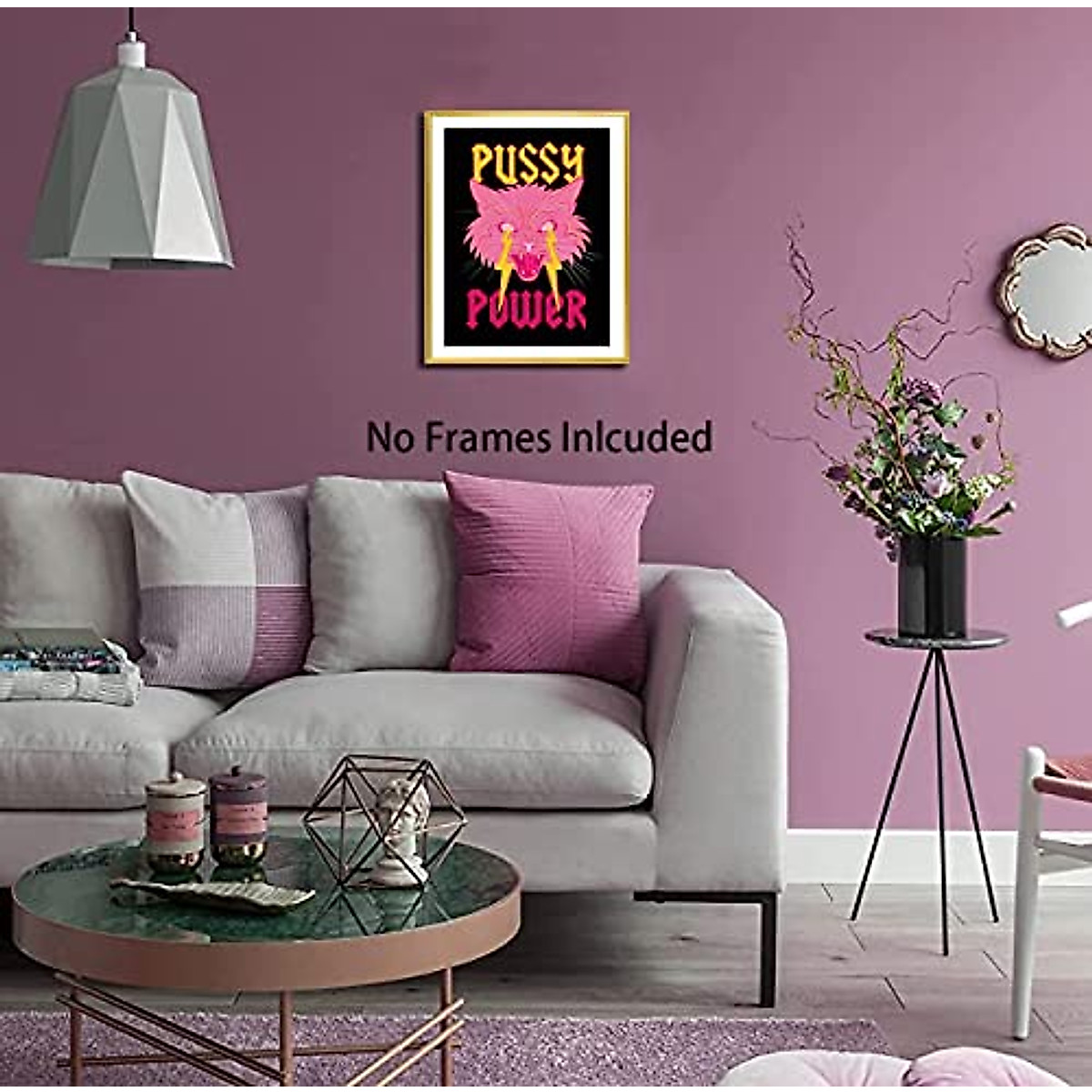 Pink Aesthetic Poster Preppy Room Decor, Cat Canvas Wall Art, Female Power Art Painting, Lightning Art Print for Teen Girls Bedroom College Dorm Room Decor, Girls Trend Wall Decor--12” x 16” Unframed