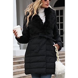 Bellivera Women's Winter Puffer Jacket Cold-resistant patchwork plush lining Coat with Removable Fur Collar Hooded and Belted 5527 BLACK M