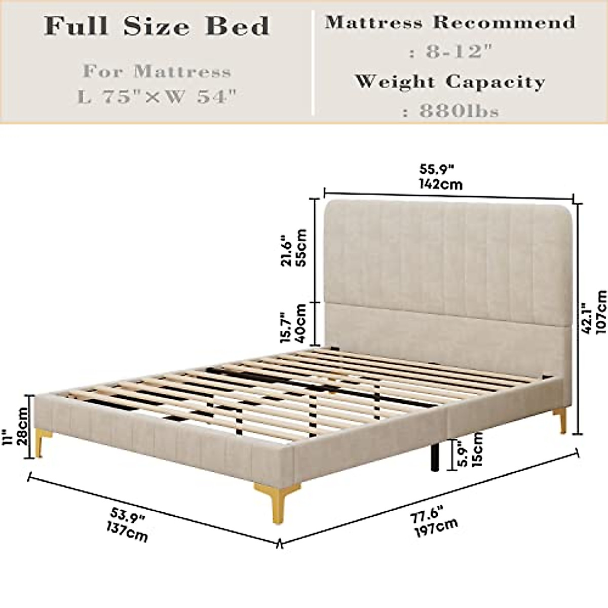 LIKIMIO Full Size Bed Frame, Platform Bed Full with Upholstered Headboard and Strong Metal/Wood Supports, Easy Assembly, Noise-Free, No Box Spring Needed, Beige