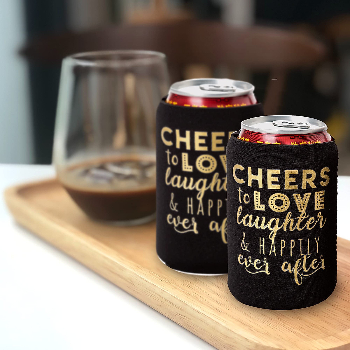 Wedding Can Can Cooler Decorations - Cheers to Love Laughter and Happily Ever After, Can Coolies Set of 12, Wedding Supplies For Bridal Showers, Engagements and Bachelorette Parties (Black)