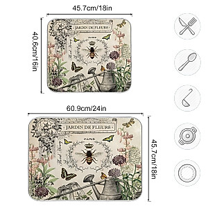 Vintage Bee Garden Dish Drying Mats for Kitchen Counter Reversible Absorbent Polyester Material Large Kitchen Microfiber Mat 18 x 24 Inch